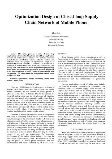 PDF Optimization Design Of Closed Loop Supply Chain Network Of Mobile Phone