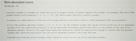 Solved Non Abundant Sums Problem 23 A Perfect Rumber Is A