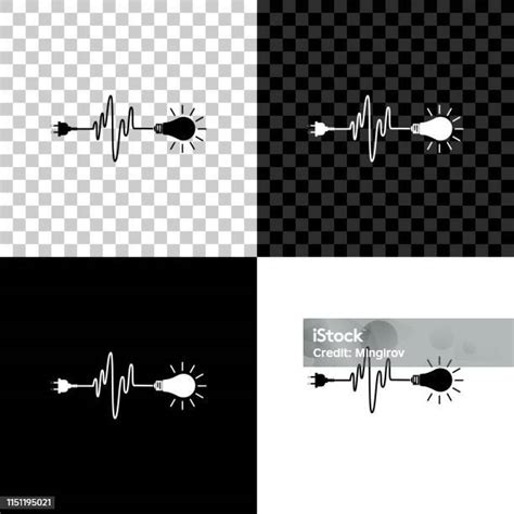 와이어 플러그와 전구 아이콘 블랙 화이트와 투명 한 배경에 고립 플러그 램프 및 코드는 심장 박동의 형태로 전기 및 조명의 개념 벡터 일러스트 0명에 대한 스톡 벡터 아트
