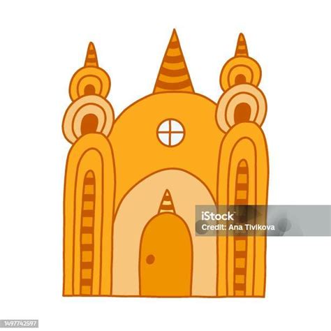 왕과 왕비의 탑이 있는 귀여운 무늬의 동화 같은 성 어린이 보육원 어린이 포스터 침실 디자인을 위한 마법의 중세 성 왕실의 벡터 손으로 그린 낙서 공주에 대한 스톡 벡터