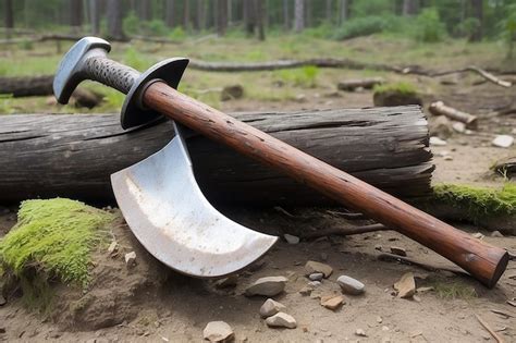 Old Rusty Ax Stuck In A Dry Wooden Log Premium Ai Generated Image