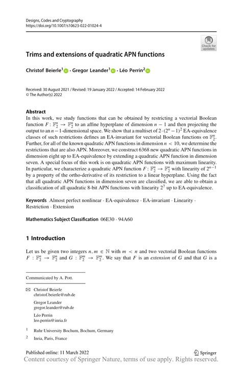 pdf trims and extensions of quadratic apn functions
