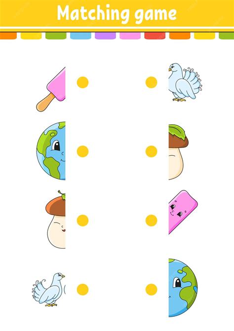짝 맞추기 게임 선 그리기 교육 개발 워크시트 컬러 그림이 있는 활동 페이지 어린이를 위한 수수께끼 프리미엄 벡터