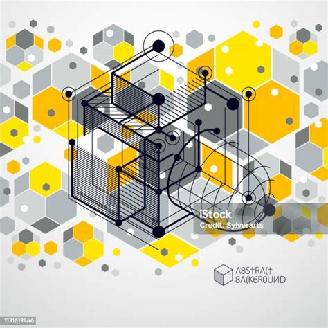 선과 모양 추상적인 벡터 아이소메트릭 3d 노란색 배경입니다 엔진 또는 엔지니어링 메커니즘의 추상적 인 체계 큐브 육각형 사각형 사각형 및 다른 추상 요소의 레이아웃입니다