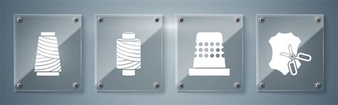 가위와 가죽 바느질을 위한 Thimble 스풀에 바느질 실 스풀에 바느질 실을 설정합니다 정사각형 유리 패널 벡터 가위에 대한 스톡 벡터 아트 및 기타 이미지 Istock