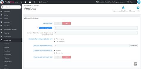 how to enable or disable product comparison in prestashop prestashop