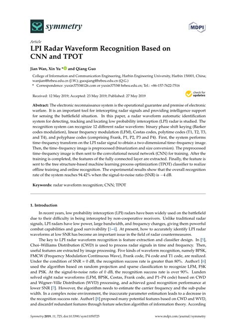 Pdf Lpi Radar Waveform Recognition Based On Cnn And Tpot