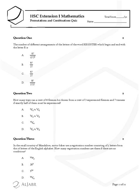 All Combinatorics Quiz Hsc Extension I Mathematics Permutations And
