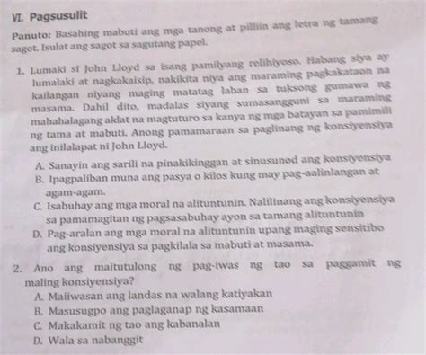 VI Pagsusulit Panuto Basahing mabuti ang mga | StudyX