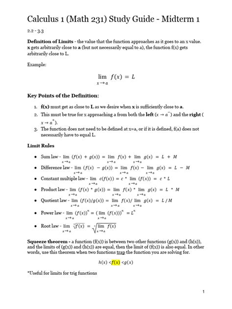 Calculus 1 Math 231 Study Guide Midterm 1 Pdf Function