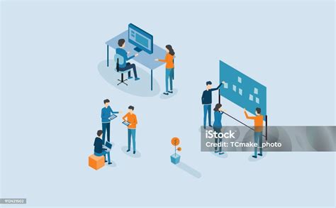 아이소메트릭 비즈니스 팀 회의와 브레인 스토밍 Conceptflat 만화 캐릭터 사업 프로젝트 프로세스 설계 개념 등측투영법에 대한 스톡 벡터 아트 및 기타 이미지 Istock