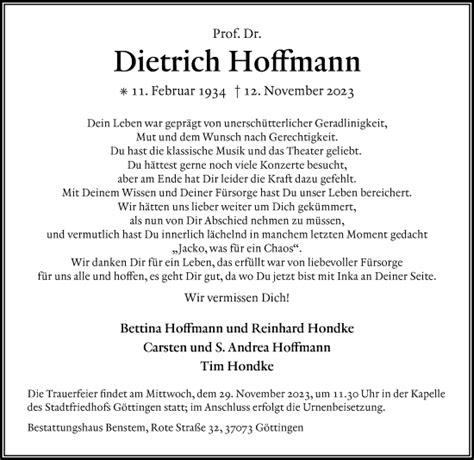 Traueranzeigen Von Dietrich Hoffmann Trauer Anzeigende