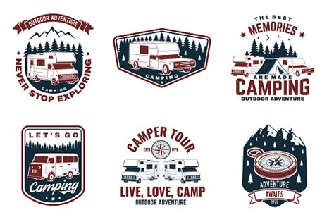 Rv 캠핑 배지 패치 세트 벡터 셔츠 또는 로고 인쇄 스탬프 또는 티셔츠에 대한 개념 Rv 모터홈 캠핑 트레일러 및 오프로드 자동차 실루엣의 빈티지 타이포그래피 디자인 3