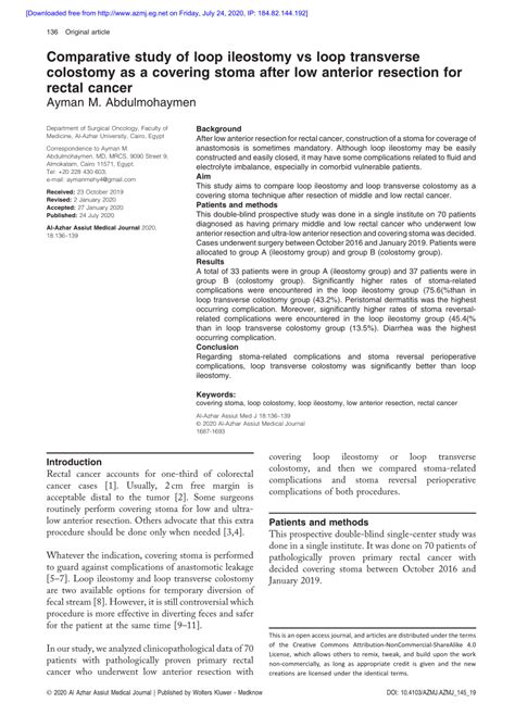 PDF Comparative Study Of Loop Ileostomy Vs Loop Transverse Colostomy As A Covering Stoma After