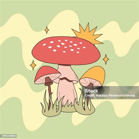 다양한 마법의 환각 성 버섯 판타지 귀여운 요소 풀밭에 복고풍 만화 버섯 추상적인 현대적인 디자인 히피 스타일 격리된 배경에 벡터 플랫 일러스트레이션입니다 강렬하고 밝은