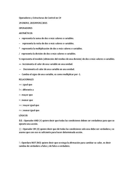 Operadores Y Estructuras De Control En C Pdf