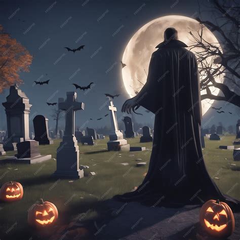 Premium Ai Image Vampire In The Cemetery With A View Of The Full Moon