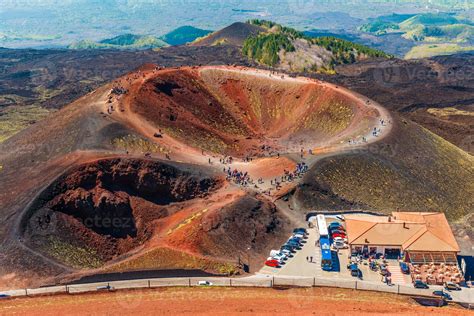 Stunning View At The Volcanic Crater And Groups Of Tourists Walking