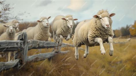 Sheep Jumping Over Fence With Other Sheep Watching Premium Ai