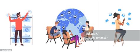 노트북 소셜 미디어 통신 개념을 사용하여 사업자 설정 컬렉션 비즈니스 사람들이 온라인 컴퓨터 응용 프로그램 평면 전체 길이 수평