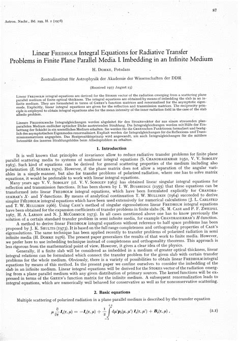 Pdf Linear Fredholm Integral Equations For Radiative Transfer