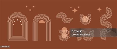 보헤미안 스타일의 선형 아치 요소 컬렉션입니다 테라코타 디자인은 별 호 및 프레임으로 형성됩니다 보헤미안 장식 장식 테두리 모양 배지 아이콘 포스터 배너 템플릿 벡터 번들
