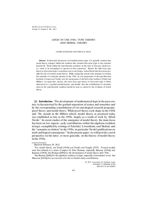 Pdf Logic In The 1930s Type Theory And Model Theory