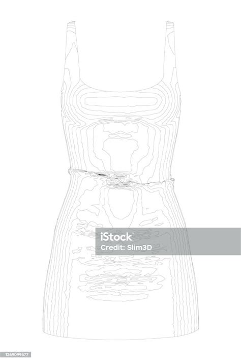 흰색 배경에 검은 색 라인으로 만든 장착 된 짧은 드레스의 와이어 프레임 전면 보기입니다 3d 벡터 일러스트레이션 드레스에 대한