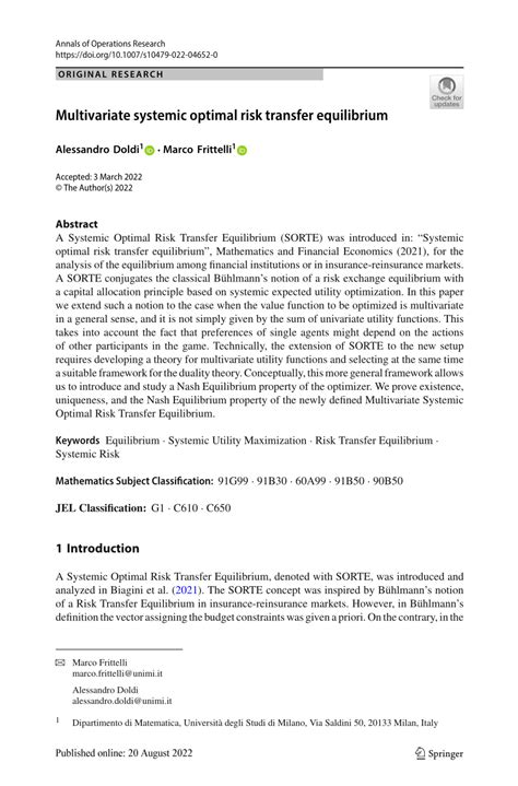 Pdf Multivariate Systemic Optimal Risk Transfer Equilibrium