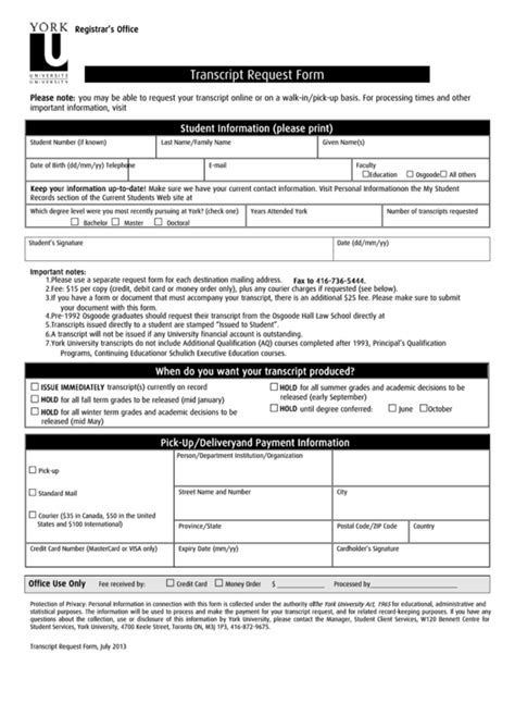 Transcript Request Form York University Registrar S Office Printable Pdf Download