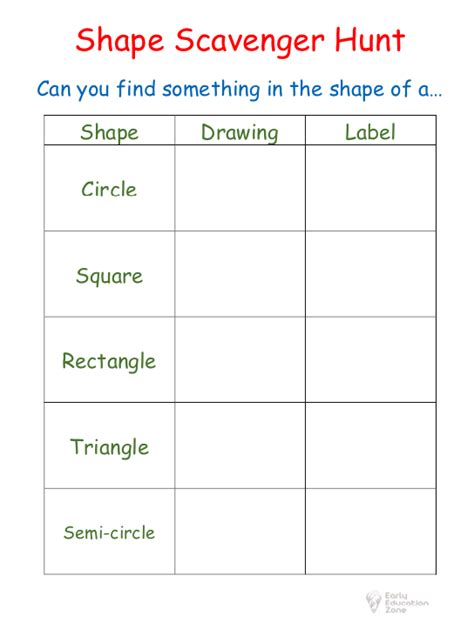 Printable 2d Shape Scavenger Hunt Early Education Zone Worksheets
