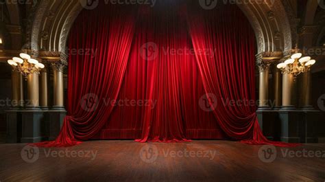 Dramatically Lit Lustrous Red Velvet Theatre Curtains And Wooden Stage