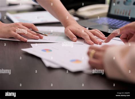 Business Meeting Brainstorming Coworkers Analyzing Financial Report Close View On Hands