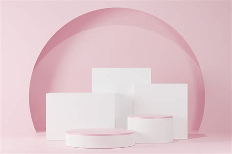 3d 배경 제품 기하학적 플랫폼 핑크 배경의 받침대 장면을 보여줍니다 연단과 함께 무대에 화장품을 전시하기 위해 서십시오 3d 렌더링 3d 일러스트레이션 0명에 대한 스톡