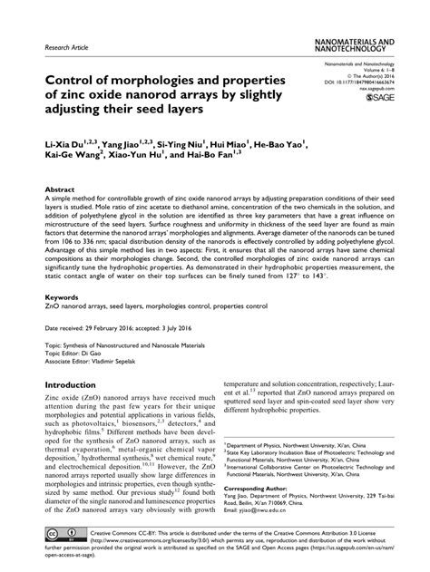 Pdf Control Of Morphologies And Properties Of Zinc Oxide Nanorod Arrays By Slightly Adjusting