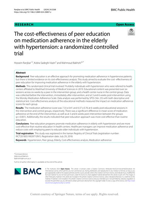 Pdf The Cost Effectiveness Of Peer Education On Medication Adherence