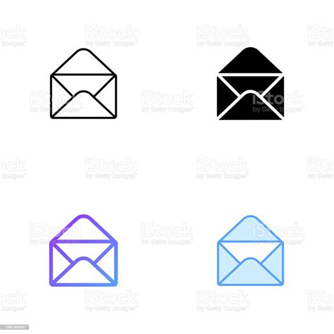 네 가지 스타일로 봉투 아이콘 디자인을 편집 가능한 선으로 엽니다 선 솔리드 플랫 라인 및 컬러 그라디언트 라인 웹 페이지 모바일 앱 Ui Ux 및 Gui 디자인에