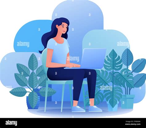 Woman Using Laptop Computer Cartoon Illustration Stock Vector Image