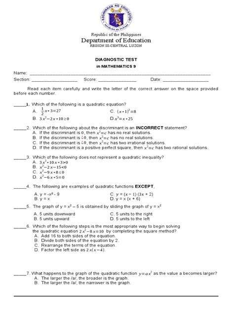 Diagnostic Test In Mathematics 9 Analyzing Quadratic Functions