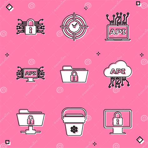 Set Cyber Security Time Management Computer Api Interface Folder And Lock And Cloud Icon