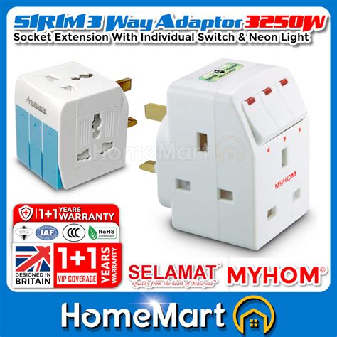 SELAMAT MYHOM 13A 3 Way Adaptor Plug Adapter Socket Extension With Neon Switch SIRIM Adaptor SA