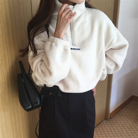 여성 여자 겨울 반집업 스트링 크롭 뽀글이 양털 후리스 맨투맨 티셔츠 에이블리