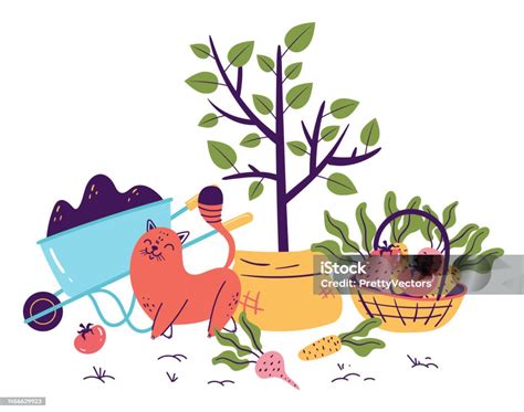 정원 도구 농업 봄 여름 시간 원예 장비 격리 세트 원예 도구 개념을 가지고 노는 고양이 벡터 만화 그래픽 디자인 요소 그림 애완고양이에 대한 스톡 벡터 아트 및 기타