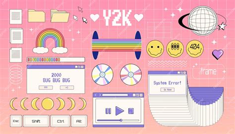 Y2k 스타일의 향수를 불러일으키는 삽화에 있는 벡터 개체의 Y2k 요소 그룹 집합 프리미엄 벡터