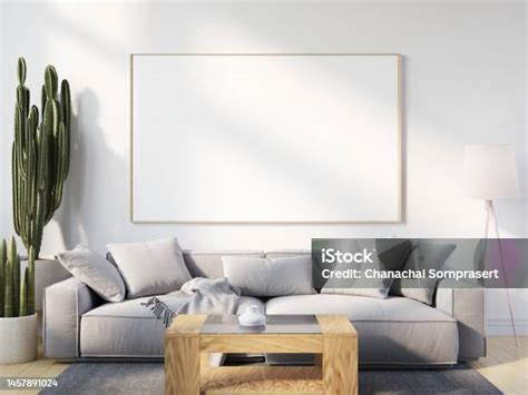 현대적인 인테리어 거실 나무 바닥 콘크리트 벽 배경 스칸디나비아 스타일 로프트 스타일 3d 렌더링의 포스터 프레임 조롱 0명에 대한 스톡 사진 및 기타 이미지 Istock