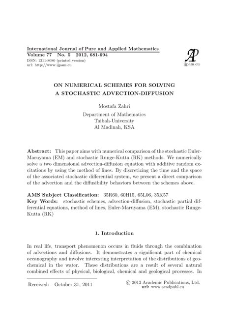 Pdf On Numerical Schemes For Solving A Stochastic Advection Diffusion