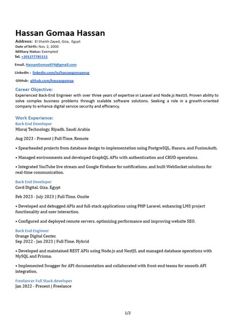 Eng Hassan Gomaa Cv Backend Developer Php Pdf Information Technology Software