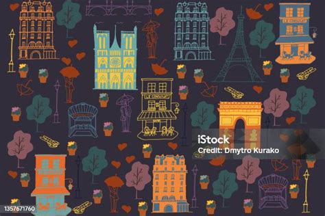 파리 도시 만화 일러스트레이션 파리 휴가 여행 낙서 그리기 현대 만화 파리 일러스트 손으로 스케치 포스터 배너 엽서 여행사 용 카드 템플릿 티셔츠 셔츠 벡터 Eps 10