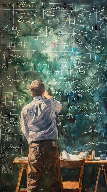 premium photo watercolor of a math teacher solving problems on a blackboard intricate numbers