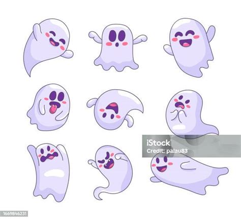 재밌는 행복한 유령 플라잉 팬텀 할로윈 무서운 괴물 귀여운 만화 으스스한 캐릭터 벡터 그리기 디자인 요소 모음입니다 가공의